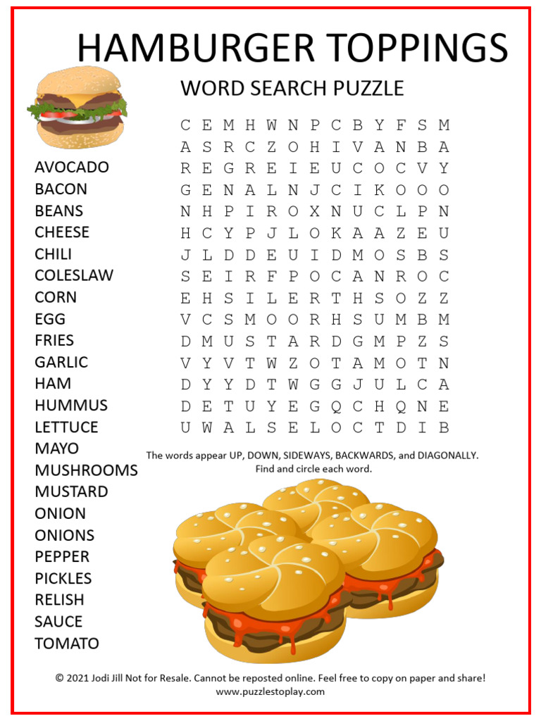 Hamburger Toppings Word Search Puzzle | PDF
