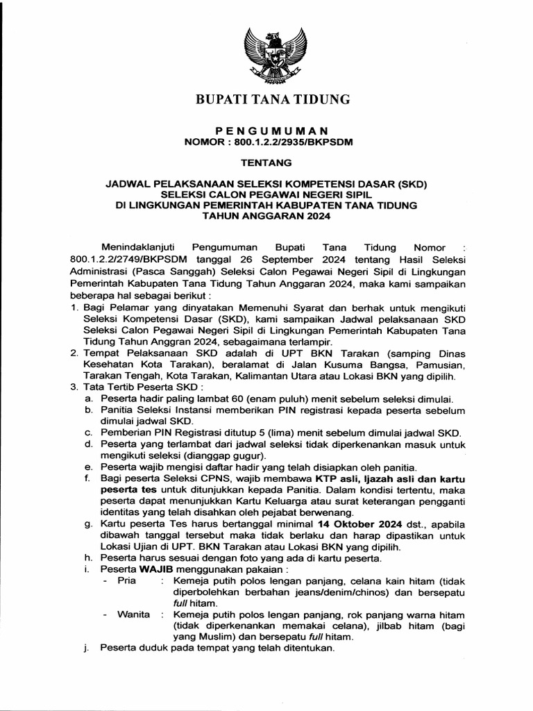 Pengumuman Jadwal SKD CPNS KTT 2024 | PDF