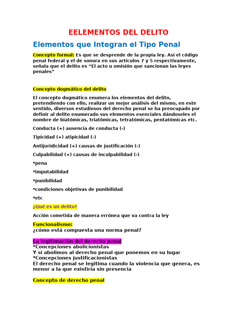 ELEMENTOS DEL DELITO APUNTES 1 2 y 3 Parcial | PDF