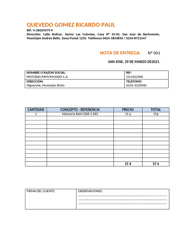 Modelo Nota de Entrega Word | PDF