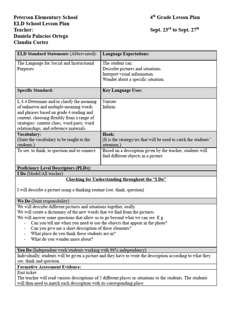 Sep 23rd 4th Grade Lesson Plan | PDF