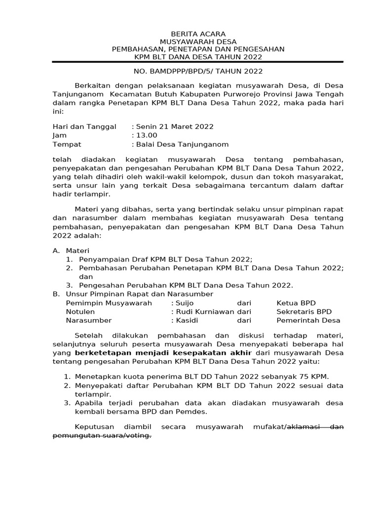BA, Musdes Pengesahan BLT Desa 2022 | PDF