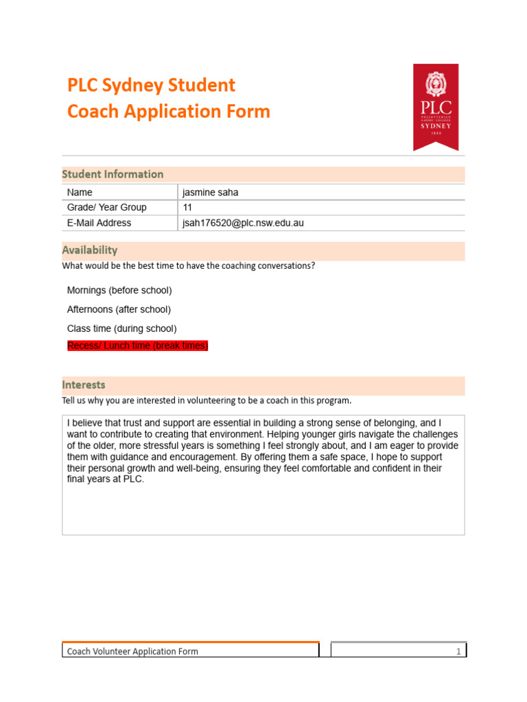 Jasmine Saha Coach Volunteer Application Form | PDF