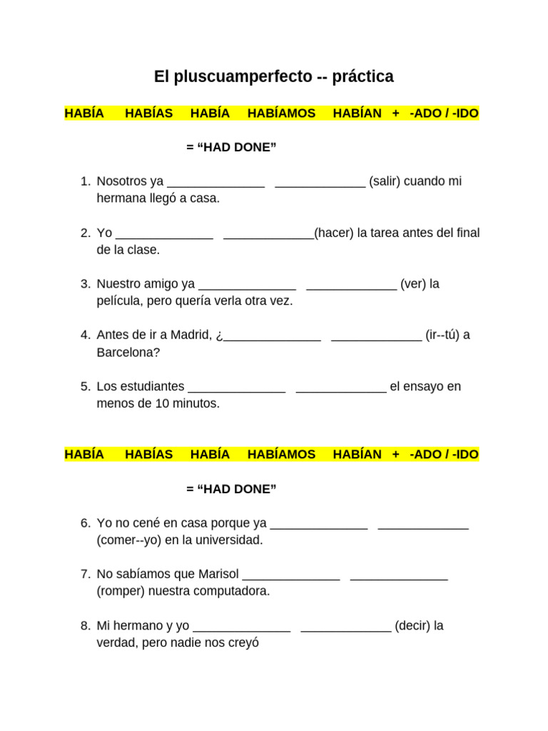 El Pluscuamperfecto - Práctica | PDF