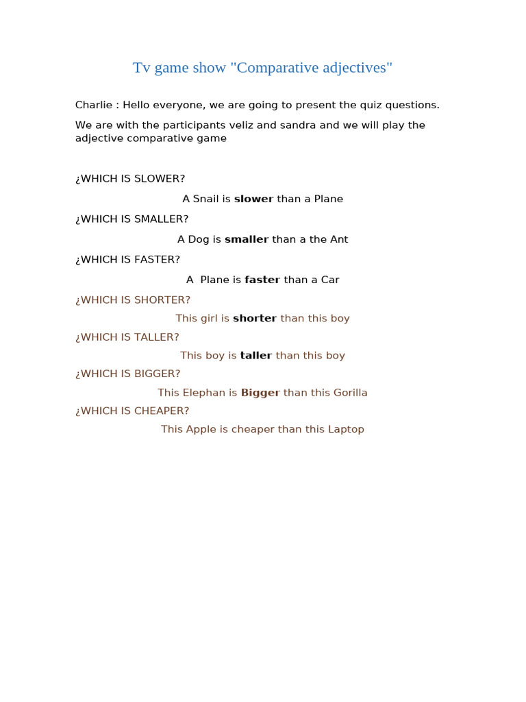 TV Game Show Comparative Adjectives | PDF
