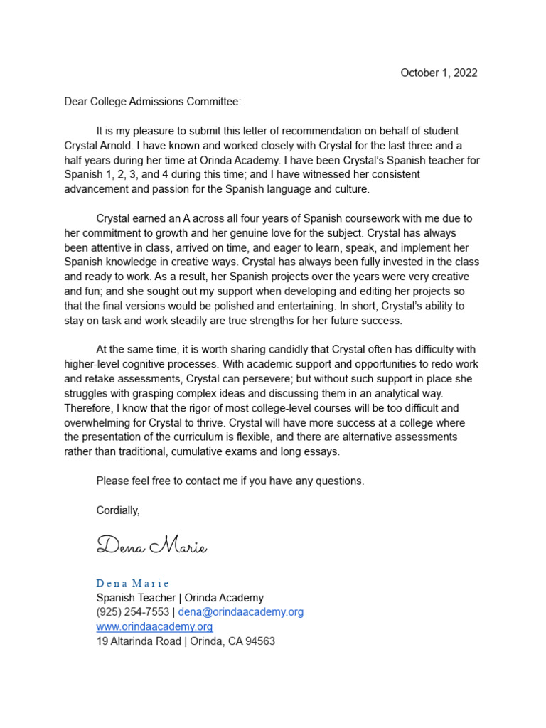 Crystal Arnold Letter of Rec | PDF