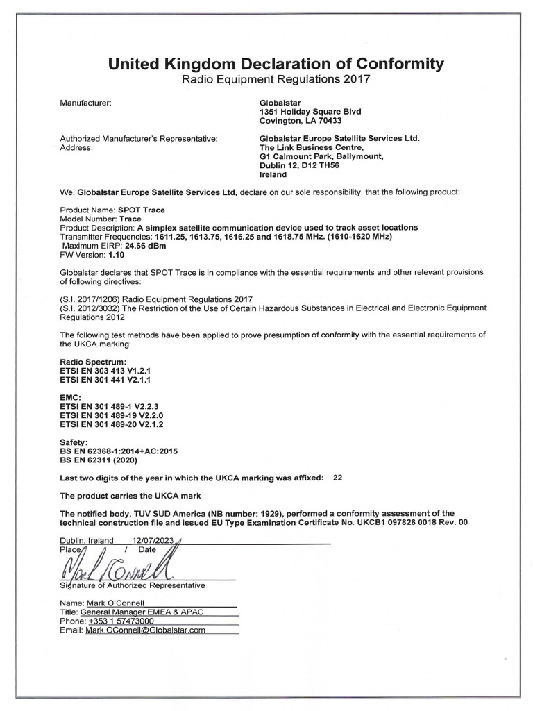 UK Declaration of Conformity SPOT Trace | PDF