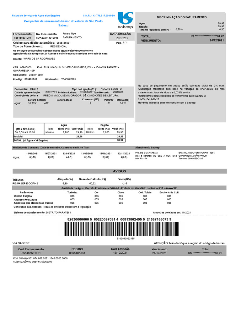Conta Sabesp 12-2021 | PDF