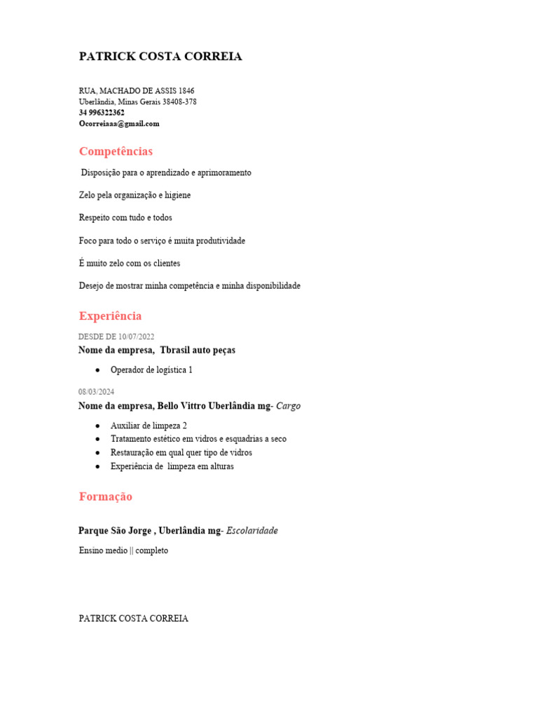 Currículo Patrick | PDF