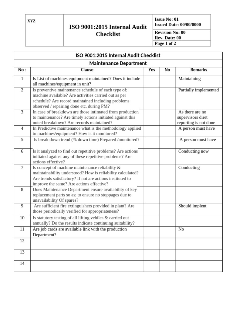 ISO 9001:2015 Maintenance Audit Checklist | PDF | Reliability ...