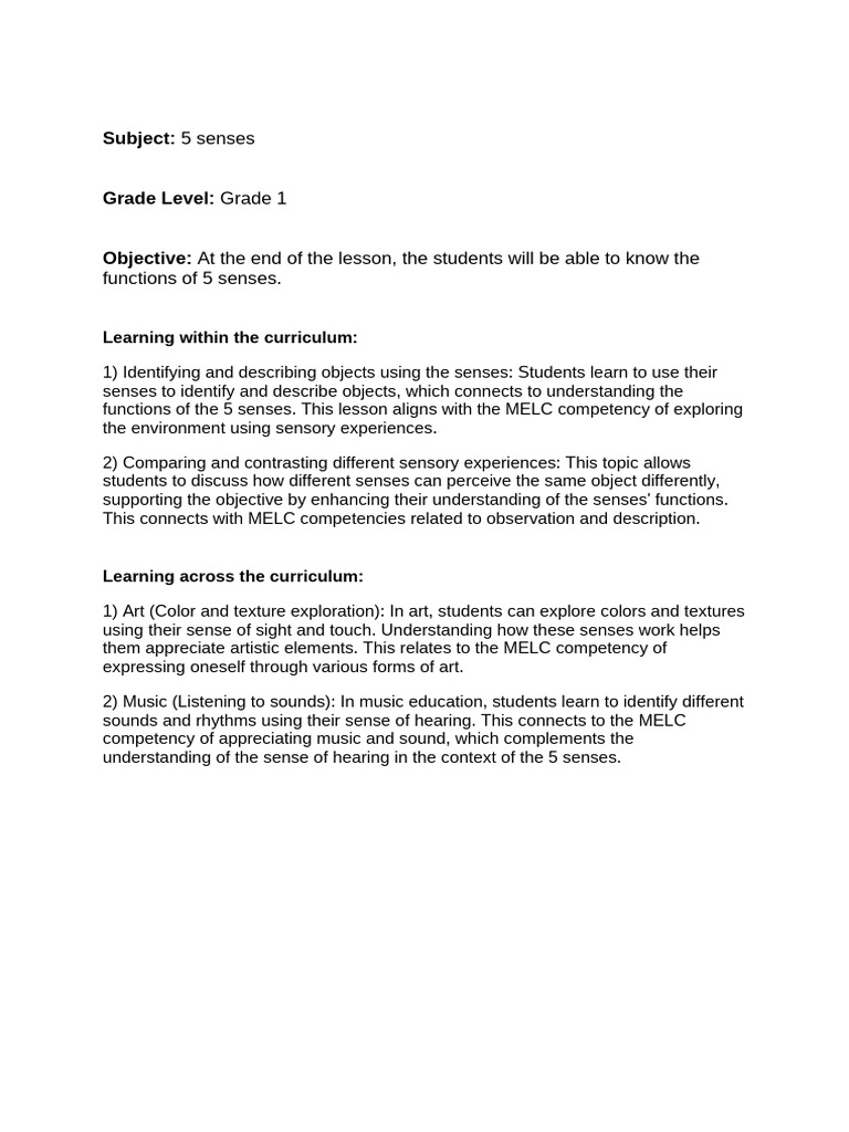Lesson Plan (5senses) | PDF
