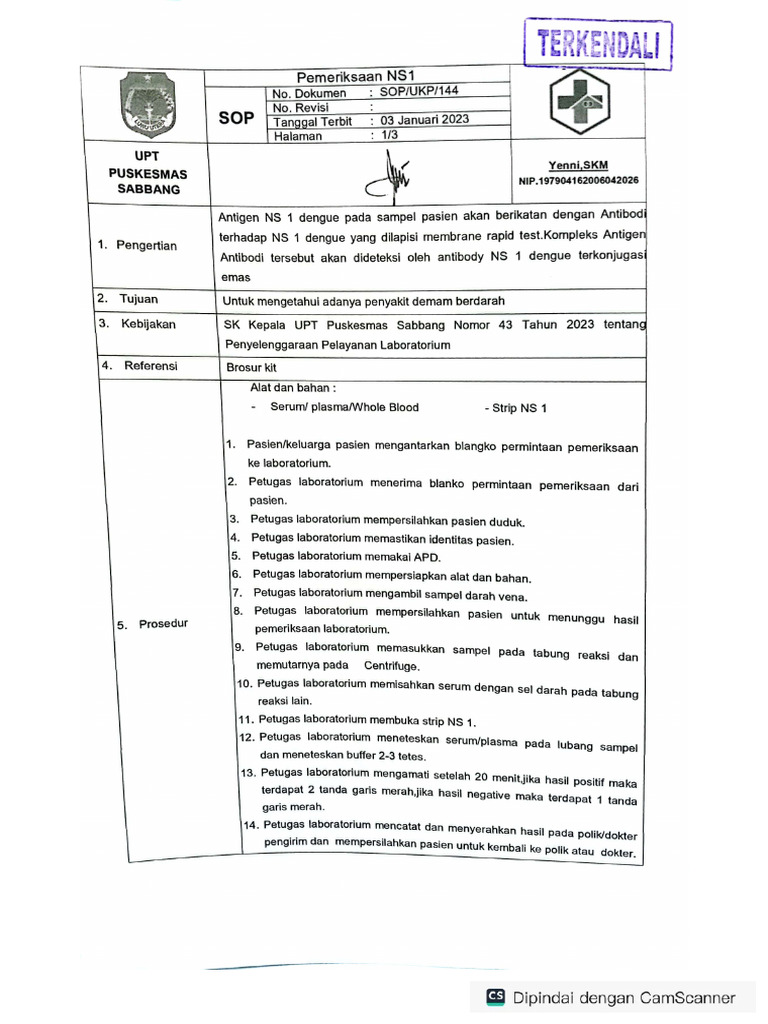 SOP PEMERIKSAAN NS1 | PDF