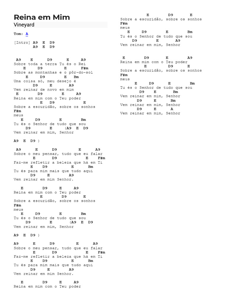 Reina em Mim - Vineyard Tom A - Coro Infanto | PDF