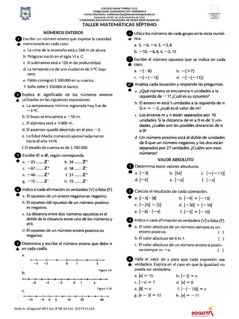 Taller 1 Matemáticas Séptimo | PDF