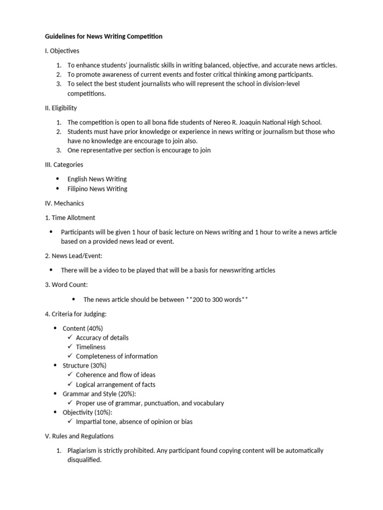Guidelines For News Writing Competition | PDF