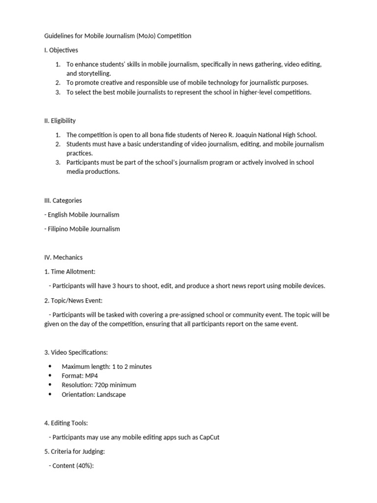 Guidelines For Mobile Journalism Competition | PDF