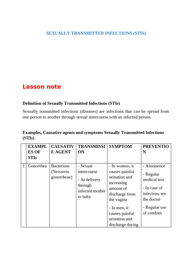 Lesson Note: Sexually Transmitted Infections (Stis) | PDF