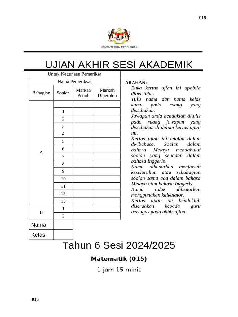 Format Uasa Tahun 6 2024-25 | PDF