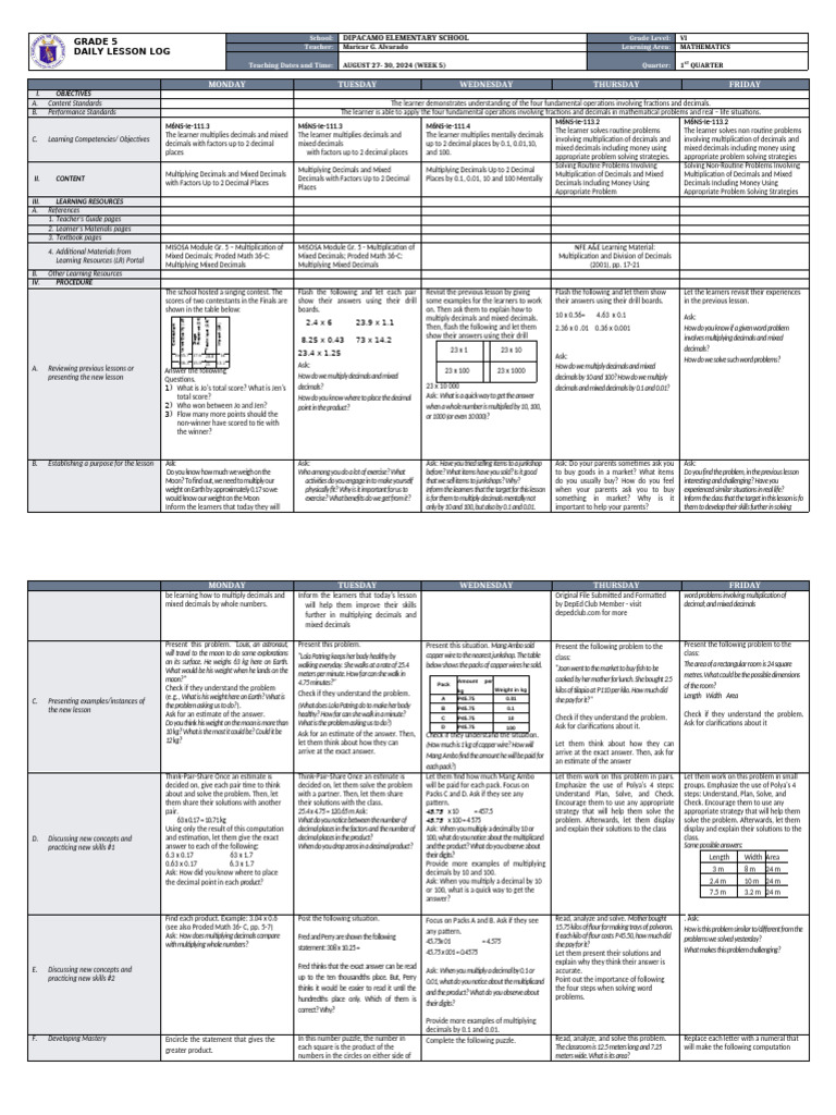 DLL_MATHEMATICS 6_Q1_W5 | PDF