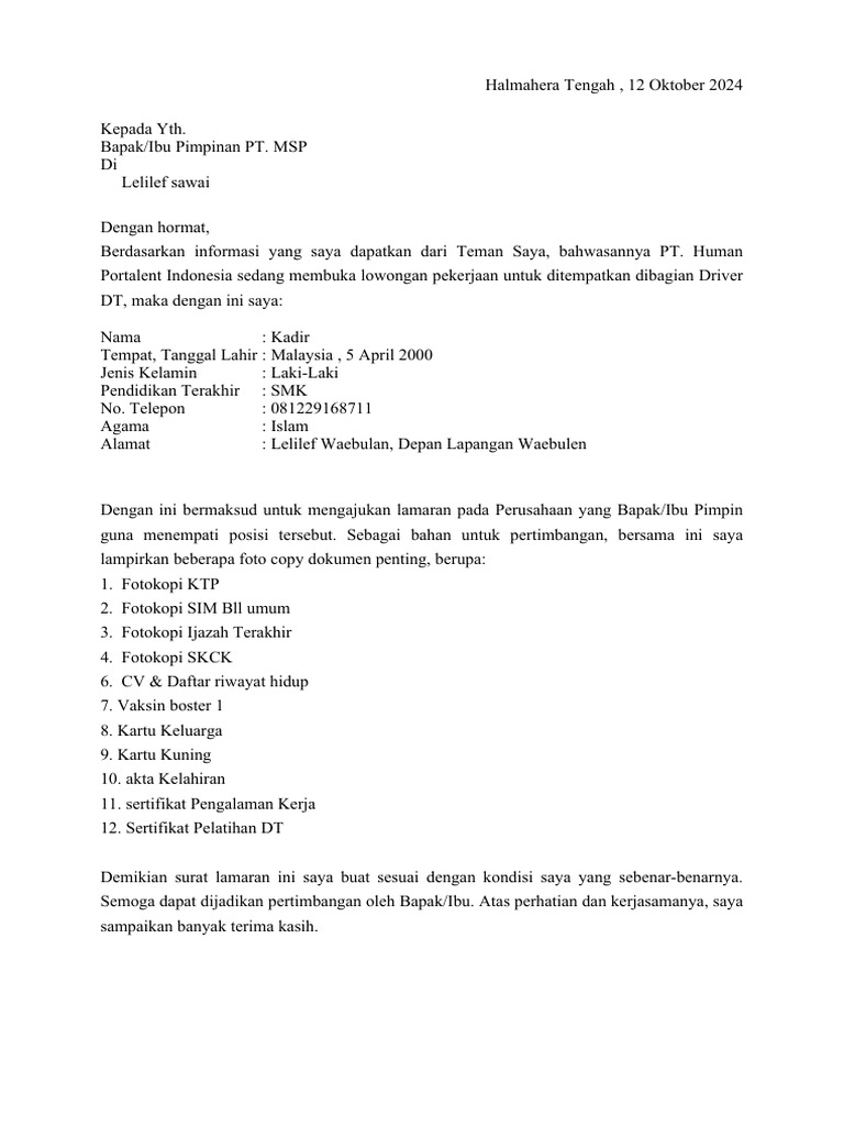 Surat Lamaran Saa | PDF