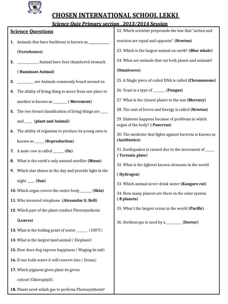 Primary School Quiz Question | PDF