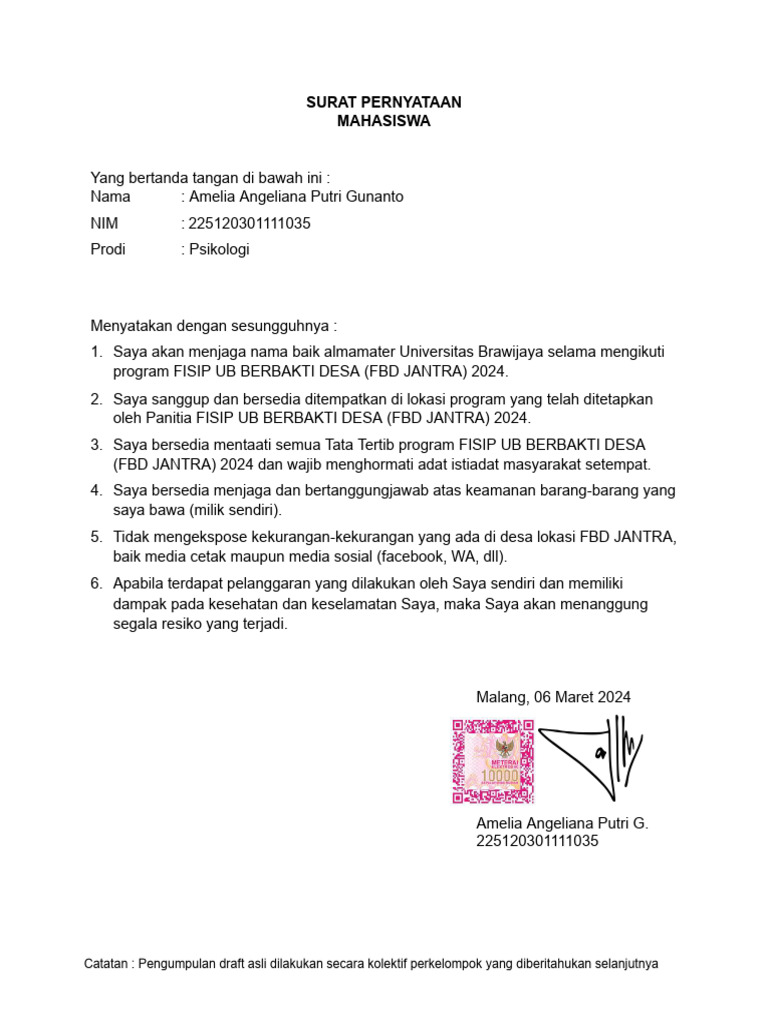 Amelia Angeliana Putri Gunanto Surat Pernyataan Mahasiswa FBDJANTRA | PDF