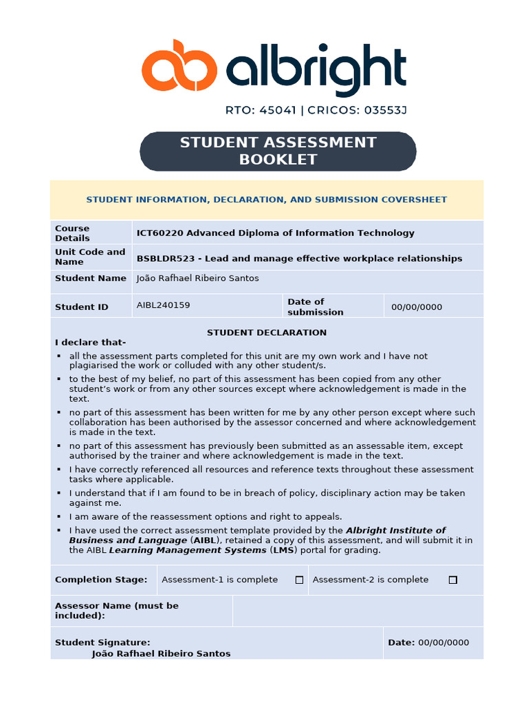 BSBLDR523 Student Assessment (Word Version) TRG-DOC-09 Student ...