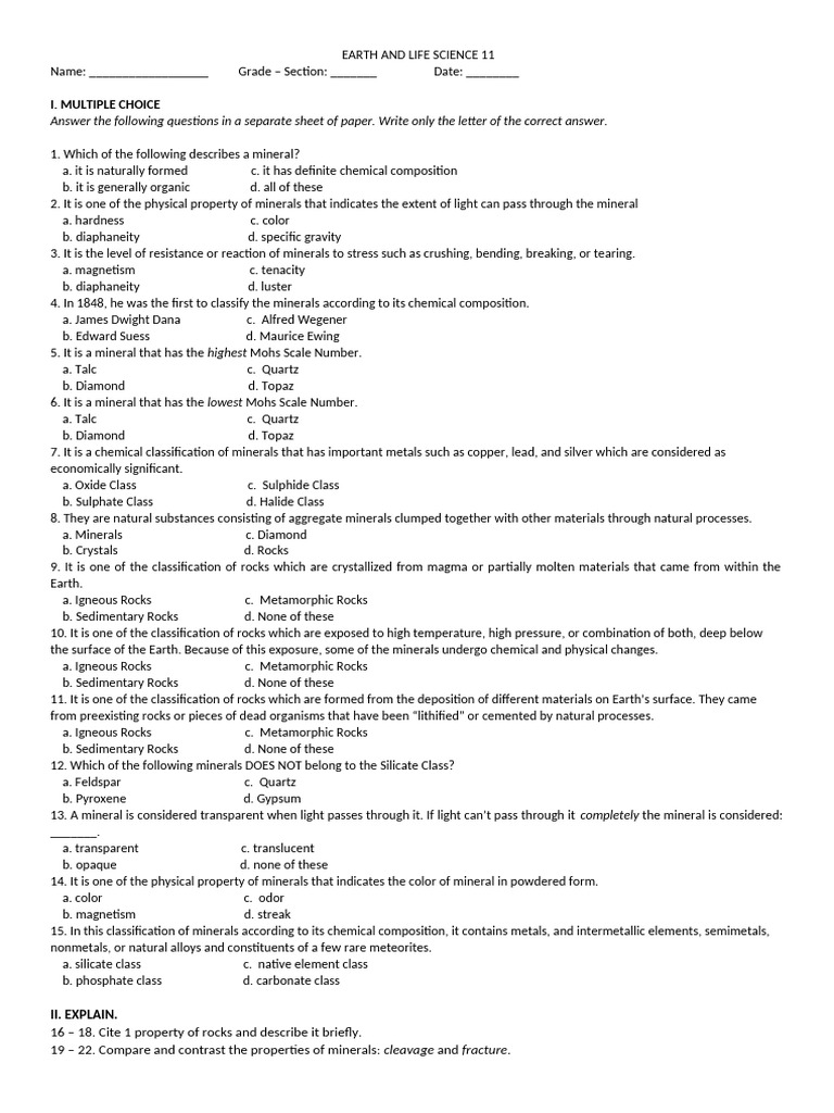 EARTH AND LIFE SCIENCE 11 (Quiz 2) | PDF