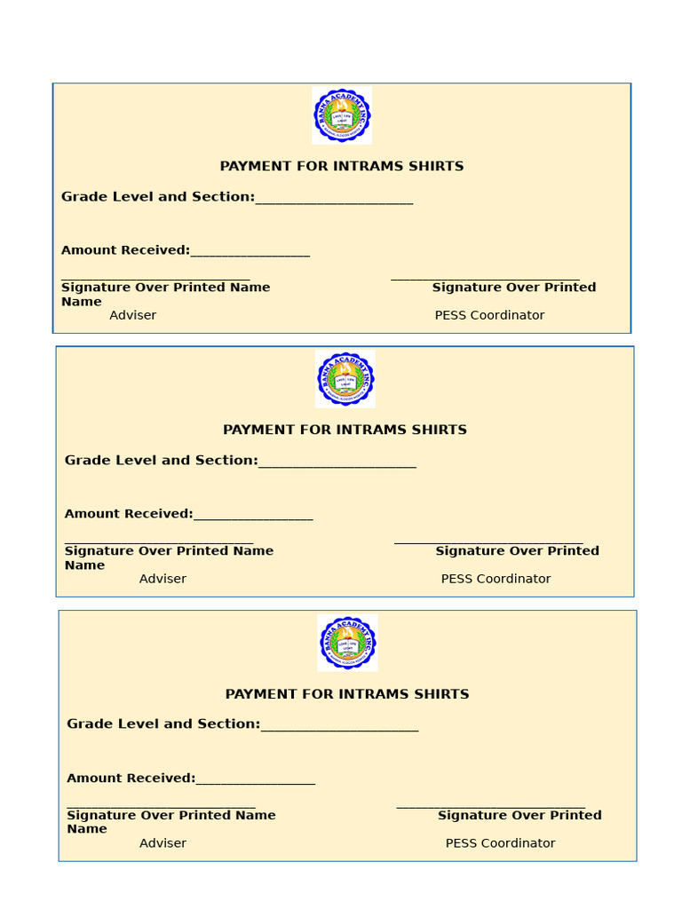 Receiving Copy of Payment Intrams Shirts | PDF