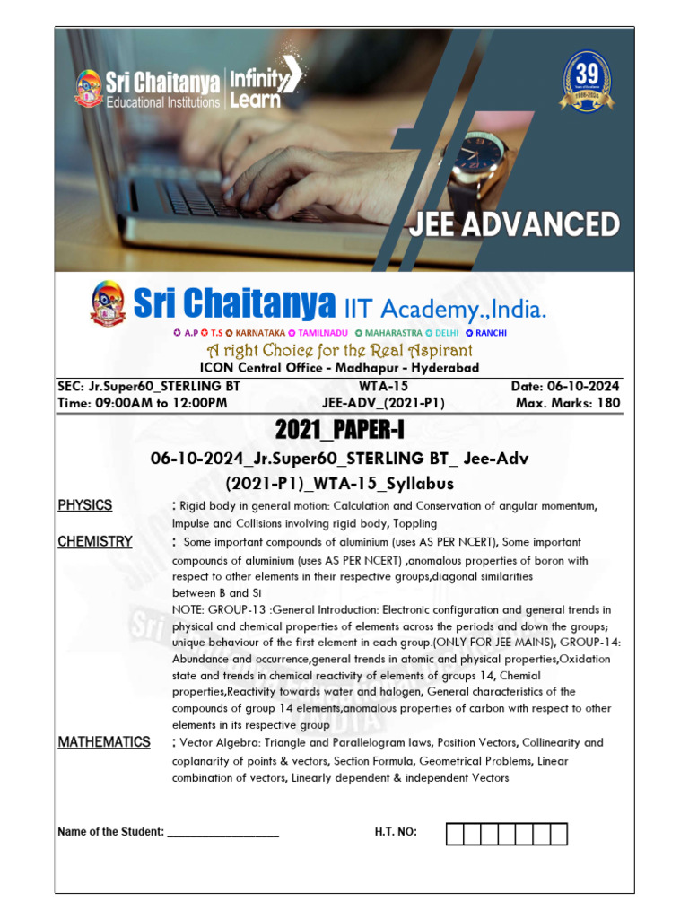 06-10-2024 - JR - Super60 - STERLING BT - Jee-Adv (2021-P1) - WTA-15 - Q. Paper | PDF | Rotation ...