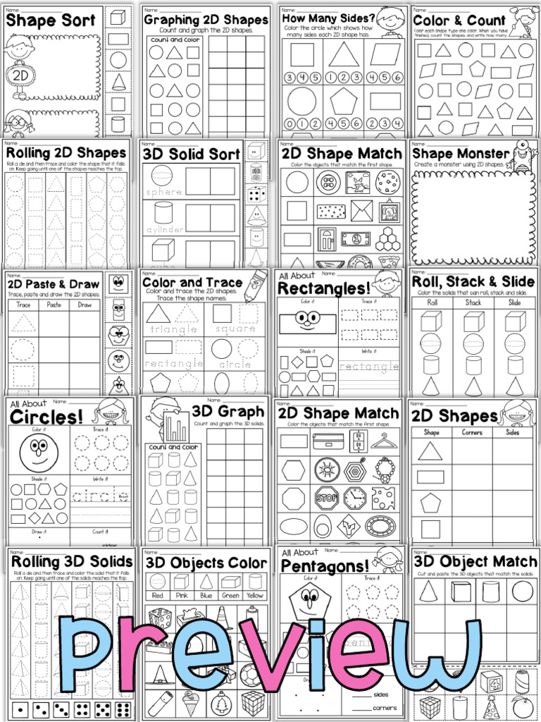 Kindergarten 2D and 3D Shapes Worksheets Preview | PDF