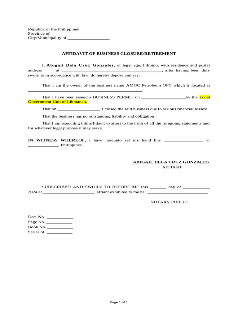 Affidavit of Business Closure - LGU | PDF