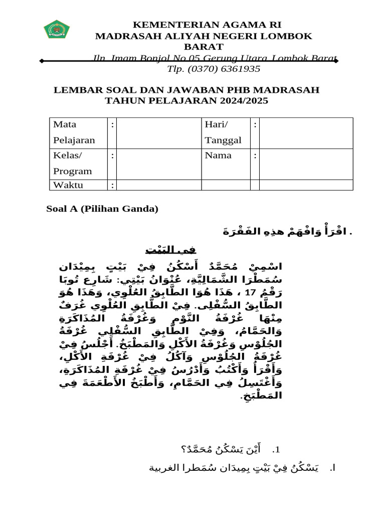 Soal Bahasa Arab Kelas X Harakat | PDF