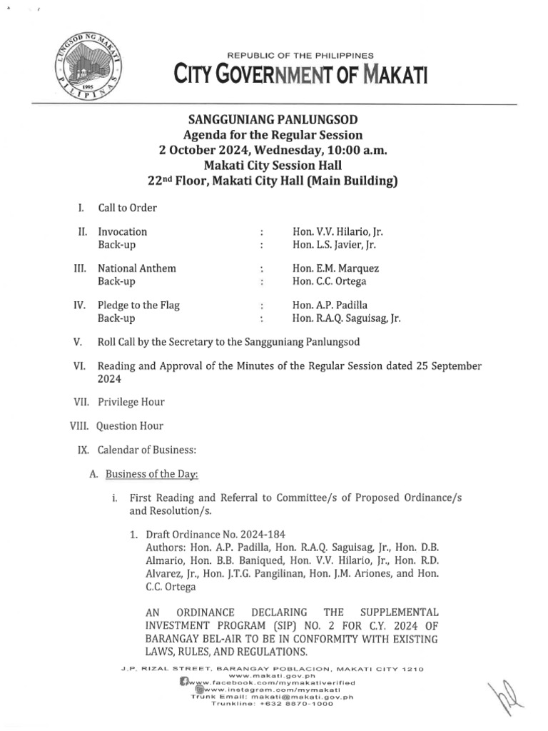 Agenda For The Regular Session Dated 2 October 2024 | PDF