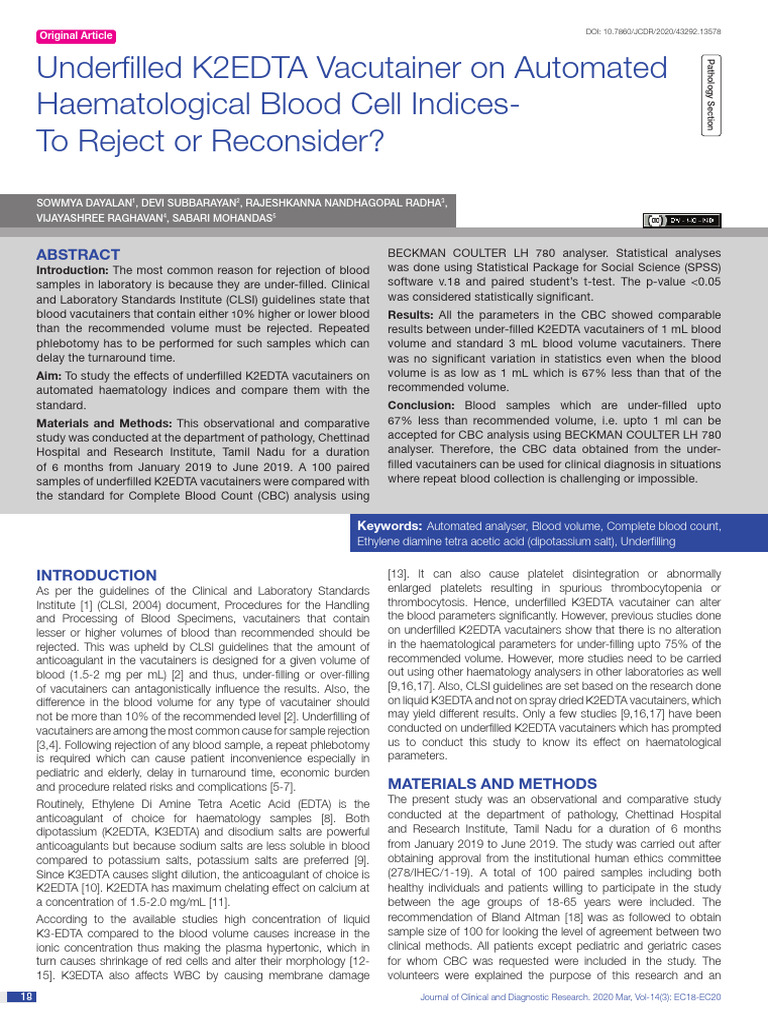 Underfilled K2EDTA Vacutainer On Automat | PDF