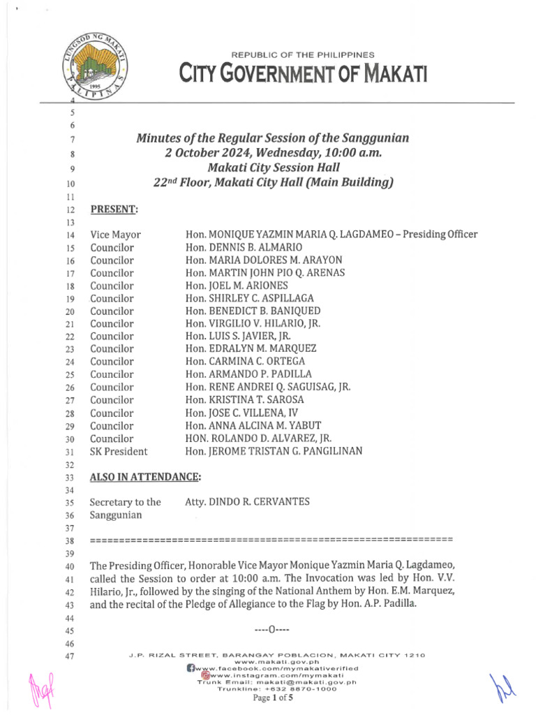 Minutes of The Regular Session of The Sanggunian Dated 2 October 2024 | PDF