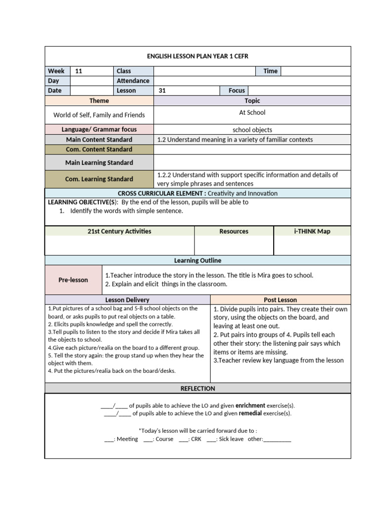 Update Y1 Lesson Plan Week 11 | PDF