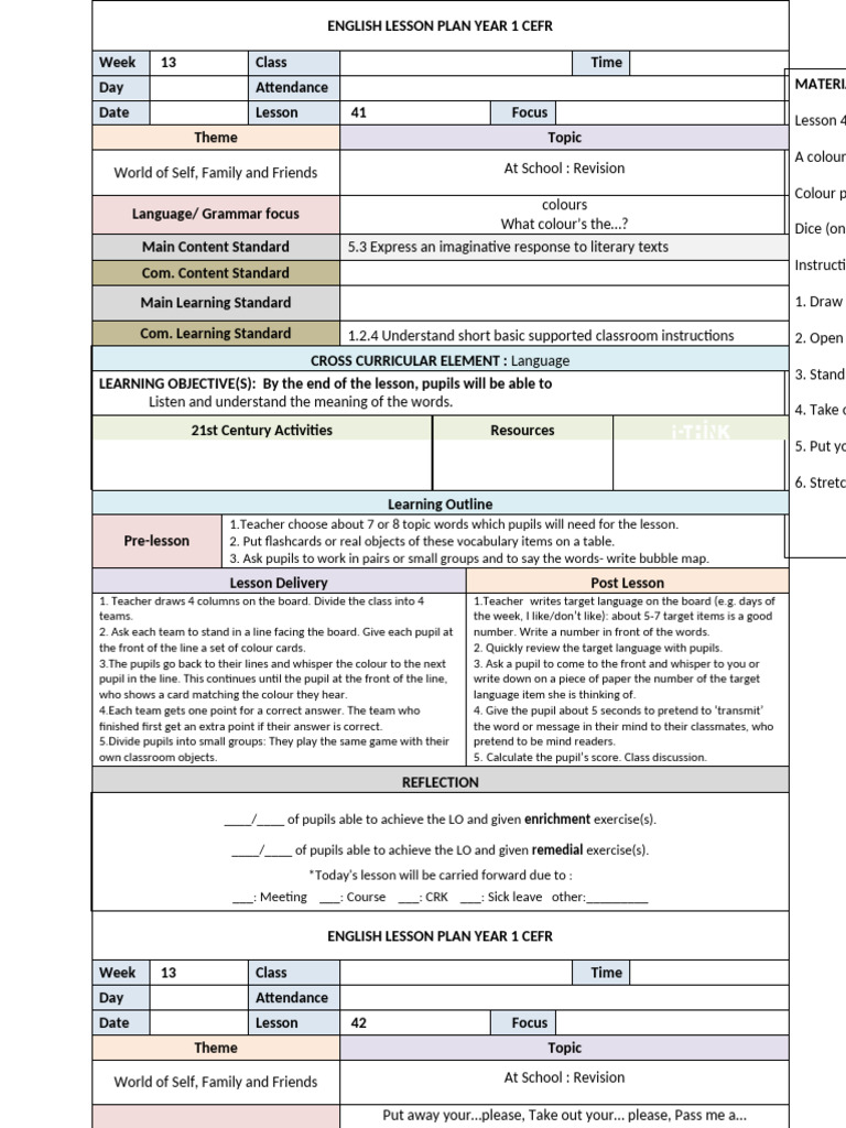 UPDATE Y1 LESSON PLAN WEEK 13 | PDF