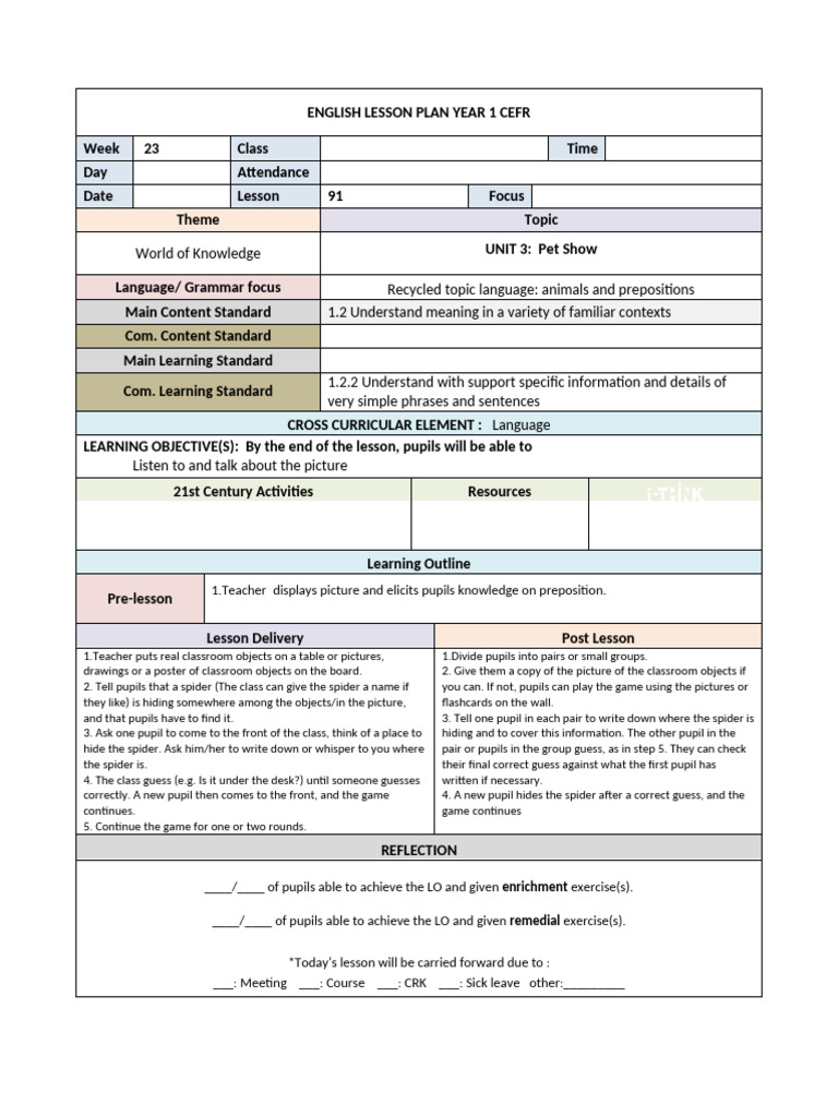 Update Y1 Lesson Plan Week 23 | PDF