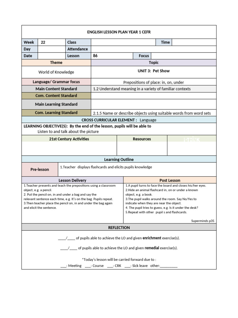 UPDATE Y1 LESSON PLAN WEEK 22 | PDF