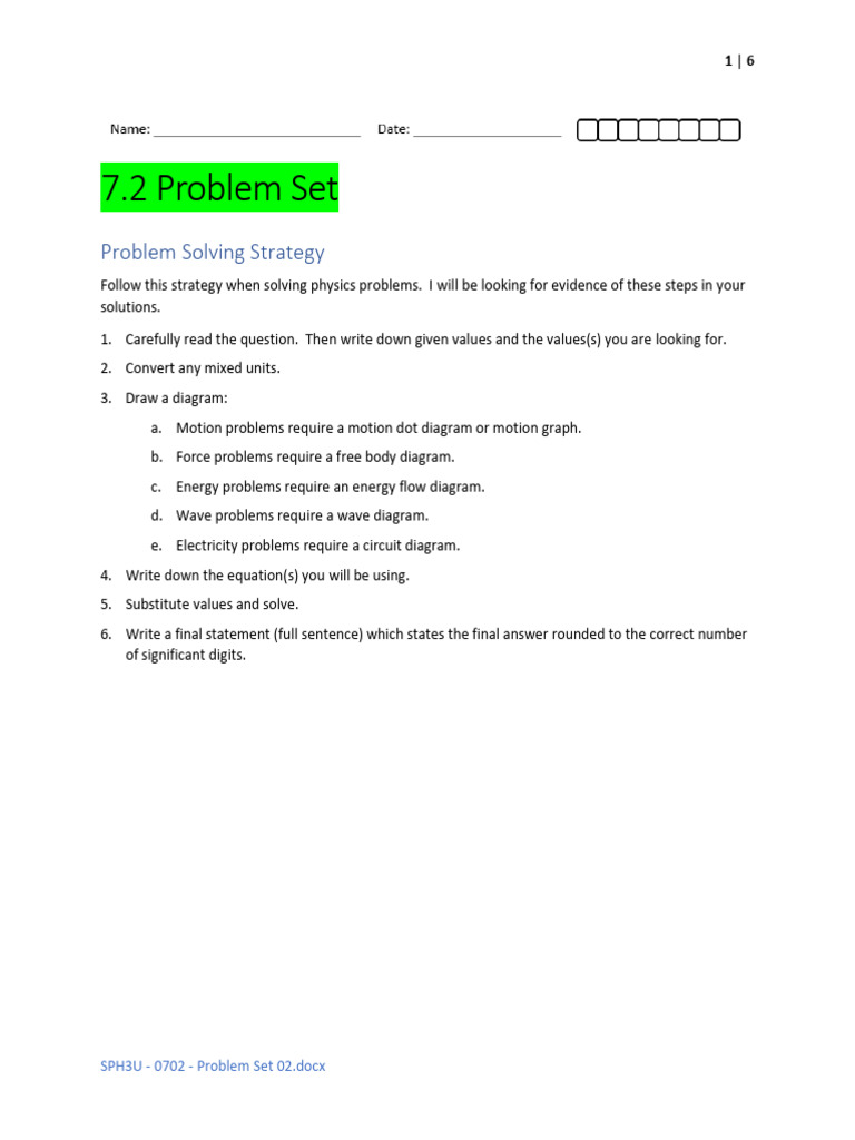 SPH3U - 7.2 - Problem Set | PDF