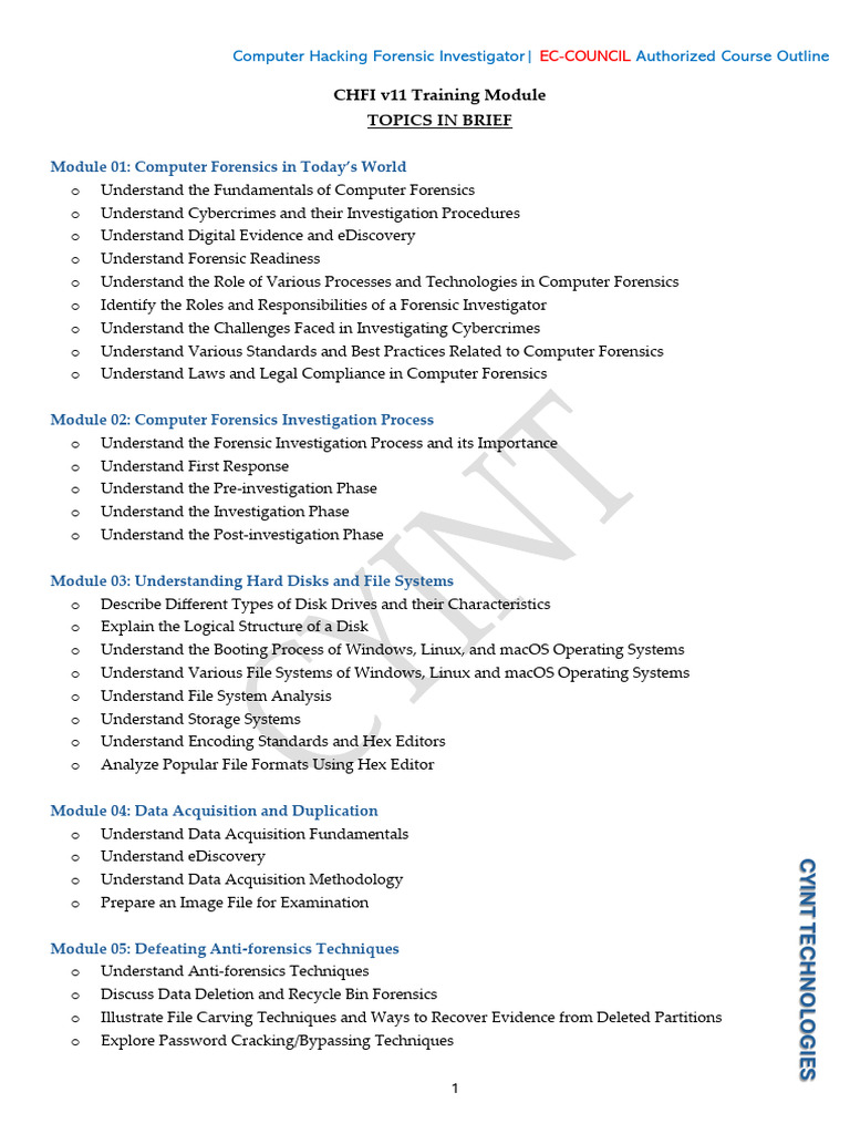 Chfi v11 - Course Outline | PDF