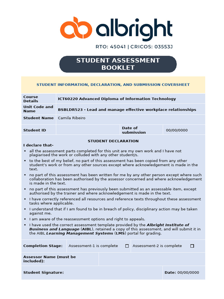 Teste 2 - BSBLDR523 Student Assessment (Word Version) TRG-DOC-09 ...