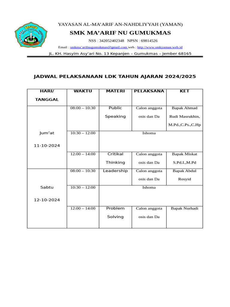 Jadwal LDK | PDF