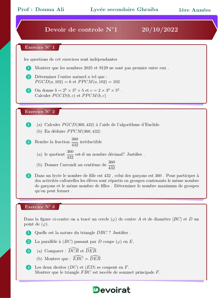 Devoir De Contrôle N 1 Math 1ère As 2022 2023 Mr Douma Ali Pdf