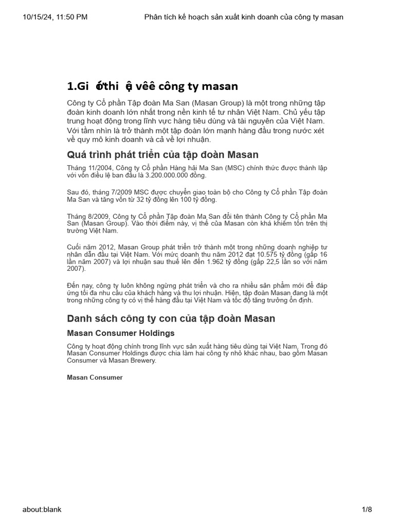 Phân tích kế hoạch sản xuất kinh doanh của công ty masan | PDF