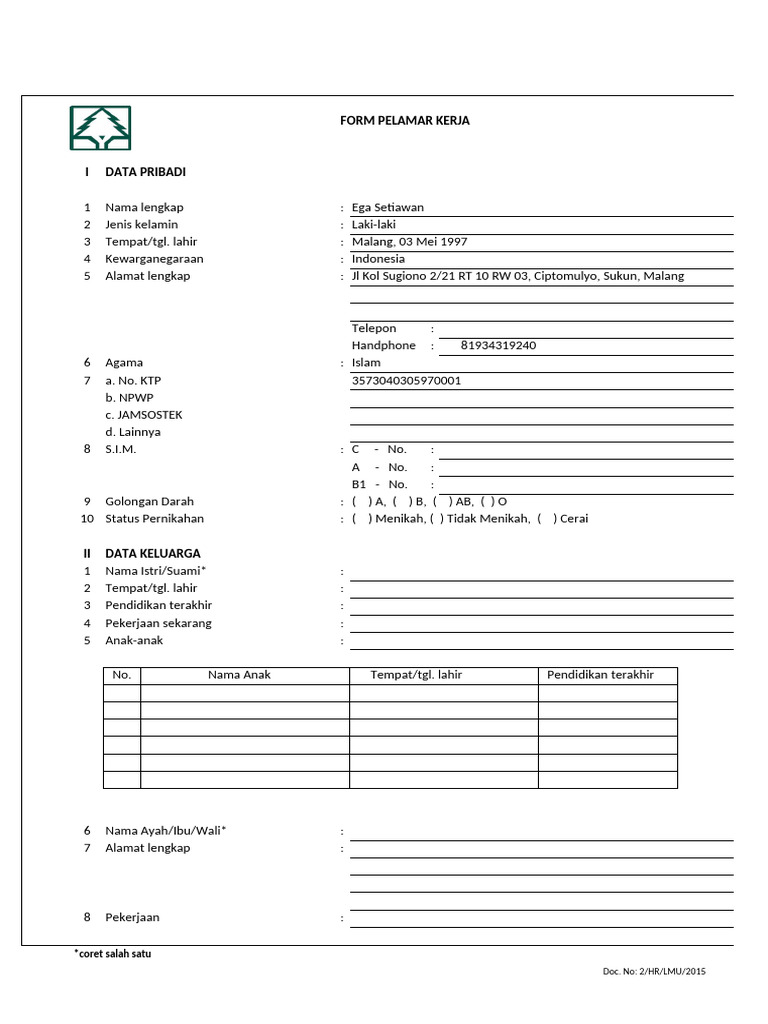 Form Pelamar Kerja | PDF
