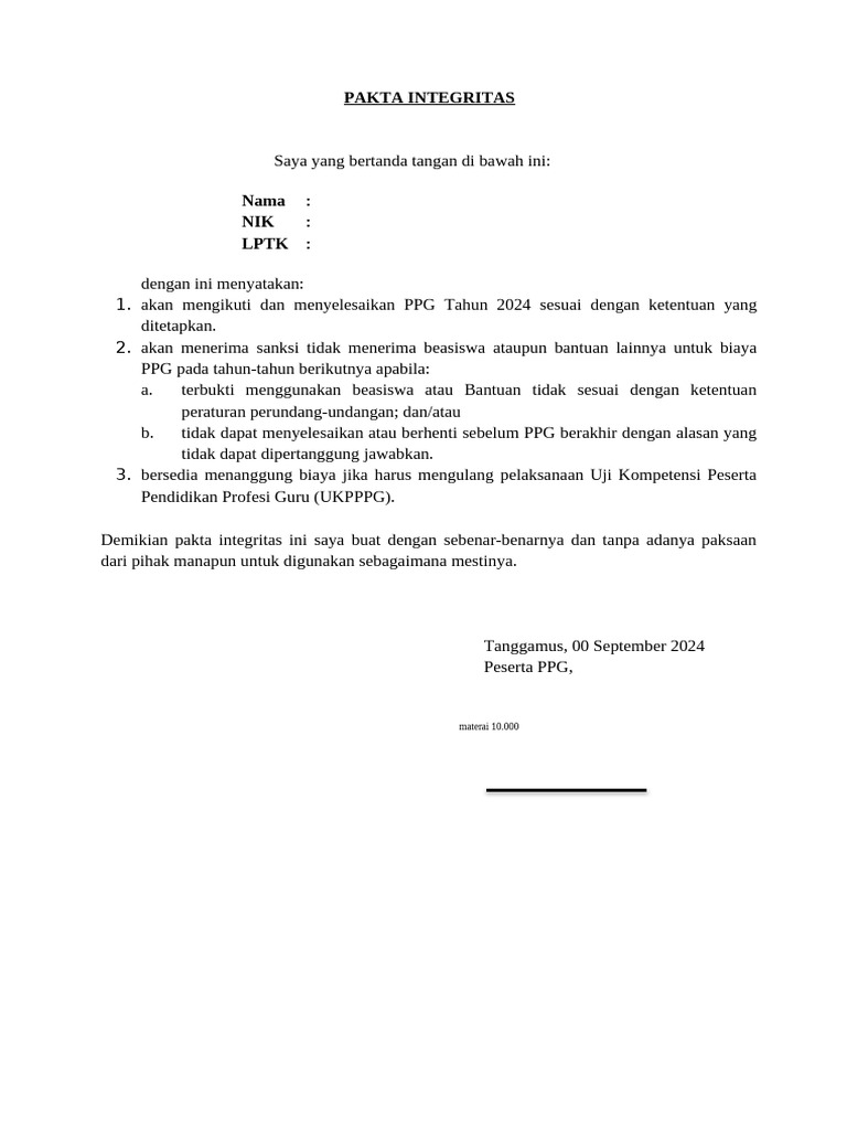 Form Pakta Integritas PPG 2024 | PDF