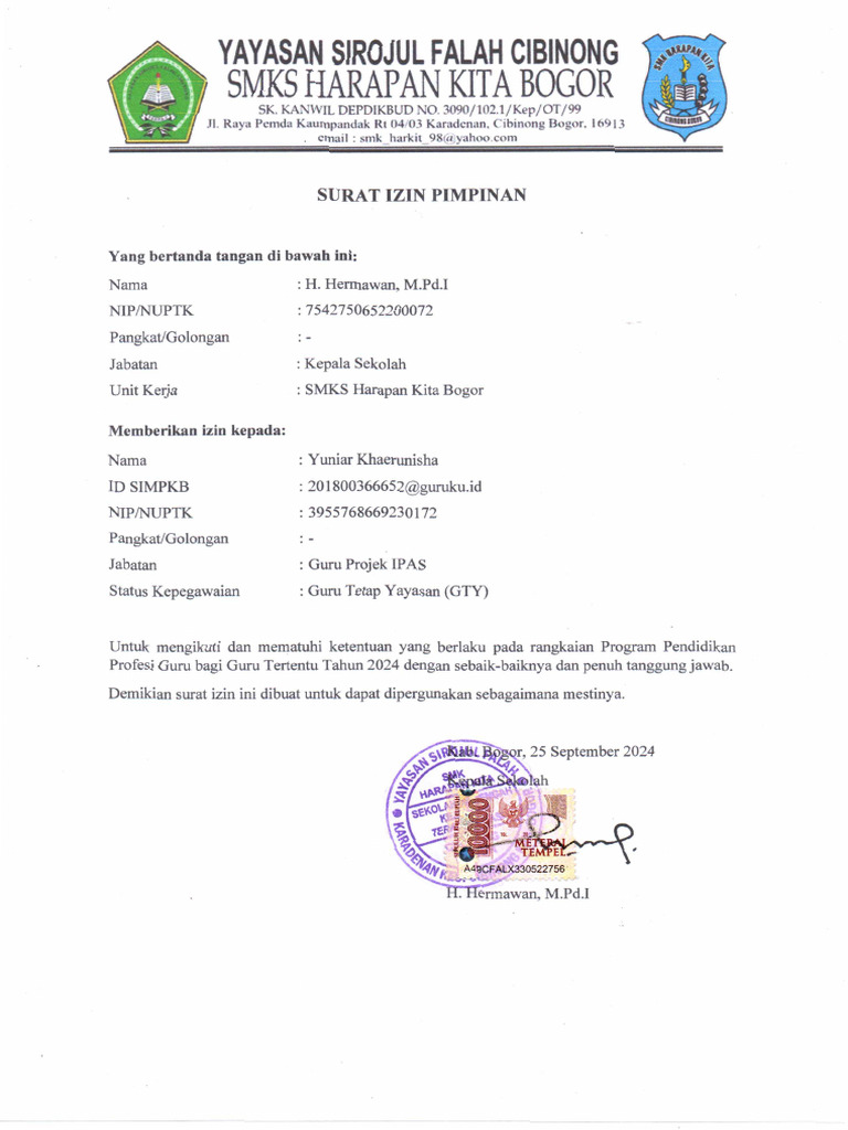 SURAT IJIN PIMPINAN_BU_YUN_YUN | PDF