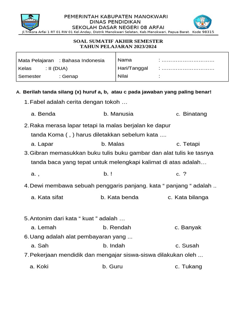 Soal SAS B.Indo Kelas 2 SEPTI | PDF